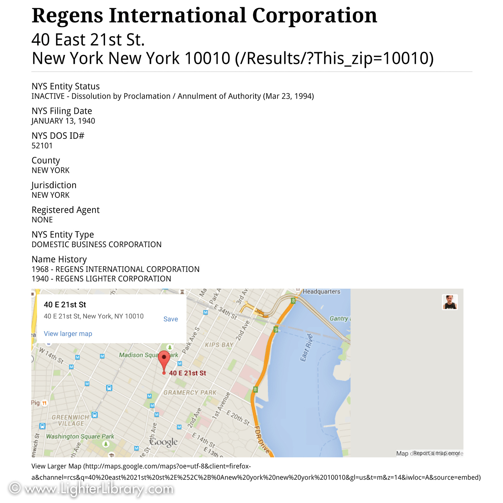 The Lighter Library - Regens Lighter Corporation Documents